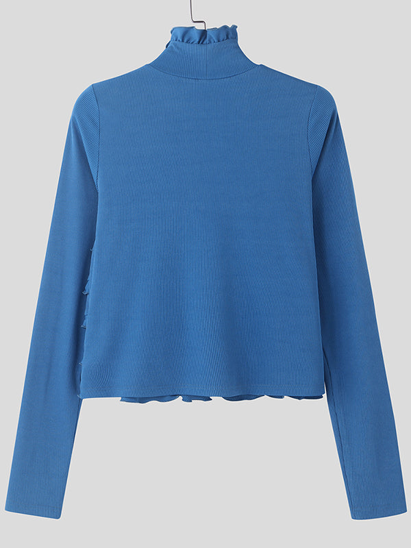 Mens Ruffle Collar Fitted Knit Long Sleeve T-Shirt SKUK83092 – INCERUNMEN