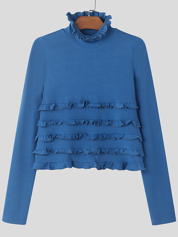 Mens Ruffle Collar Fitted Knit Long Sleeve T-Shirt SKUK83092 – INCERUNMEN