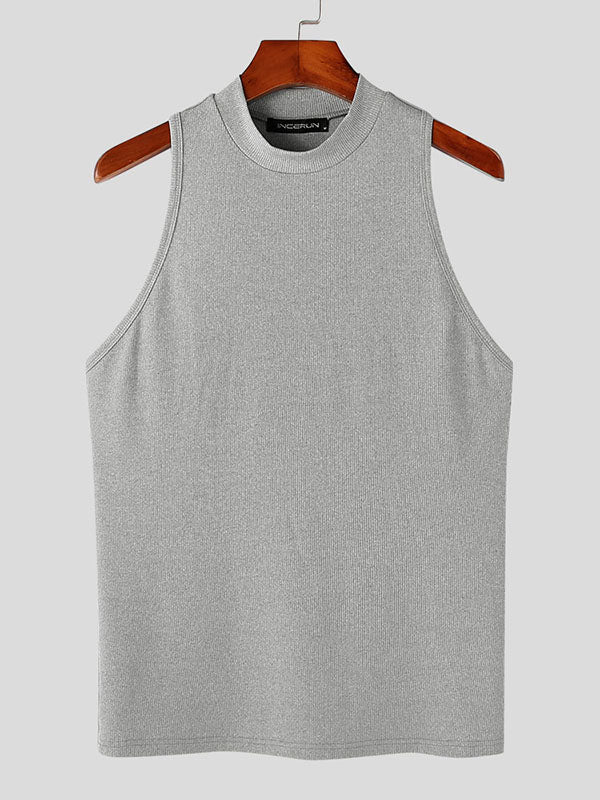 Mens Solid Half Collar Sleeveless Knit Tank SKUK02747 – INCERUNMEN